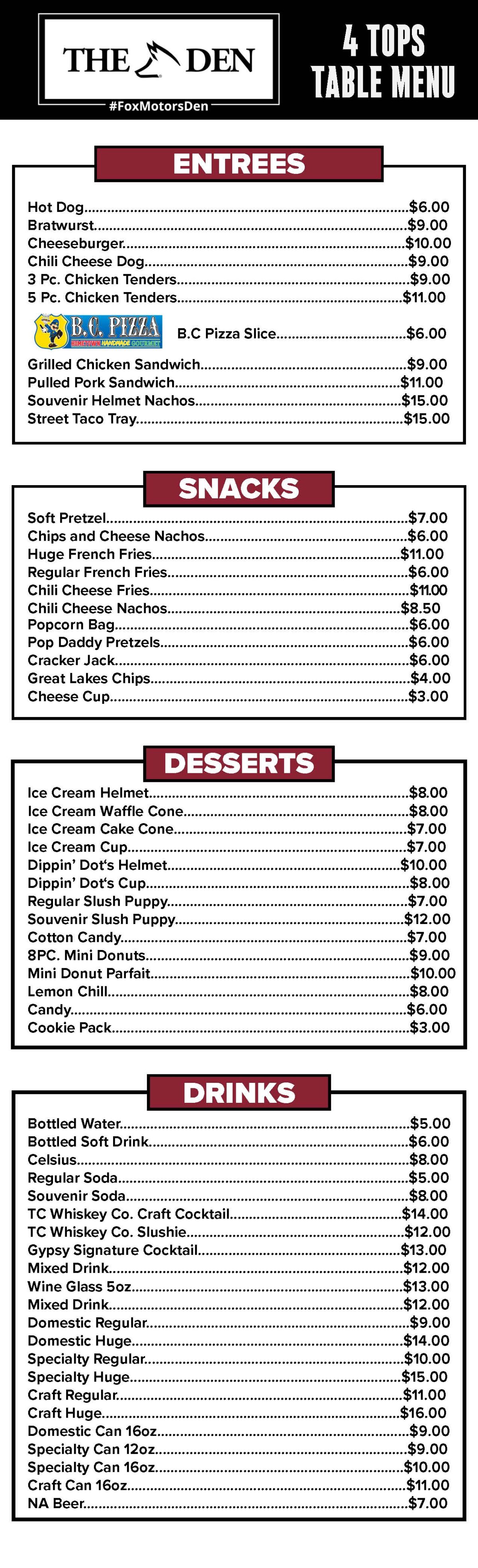 Patio Table Menu - Traverse City Pit Spitters